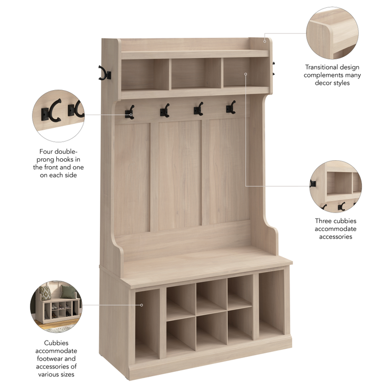 Bush Home Woodland 40W Hall Tree and Shoe Storage Bench with Shelves