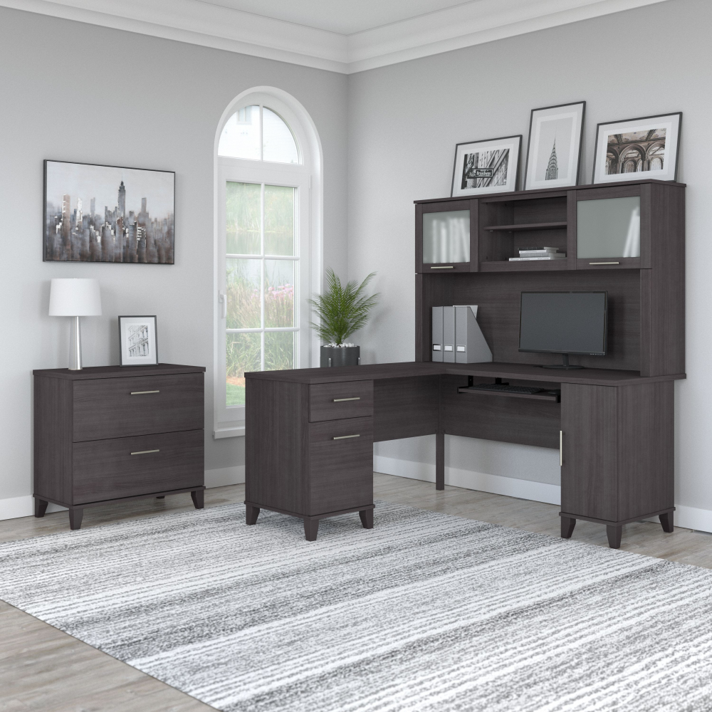 Bush Home Somerset 60W L Shaped Desk with Hutch and Lateral File Cabinet